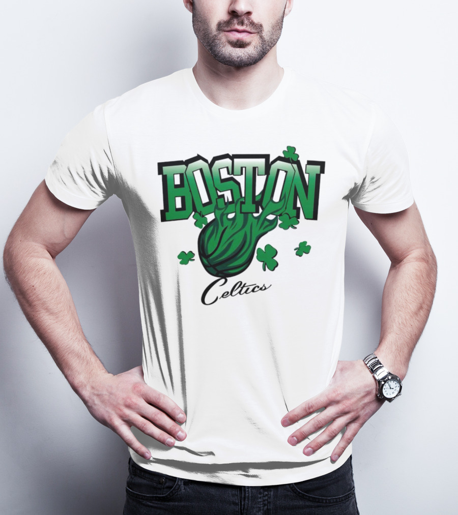 Boston Celtics Vintage Shamrock Basketball Flame T-Shirt