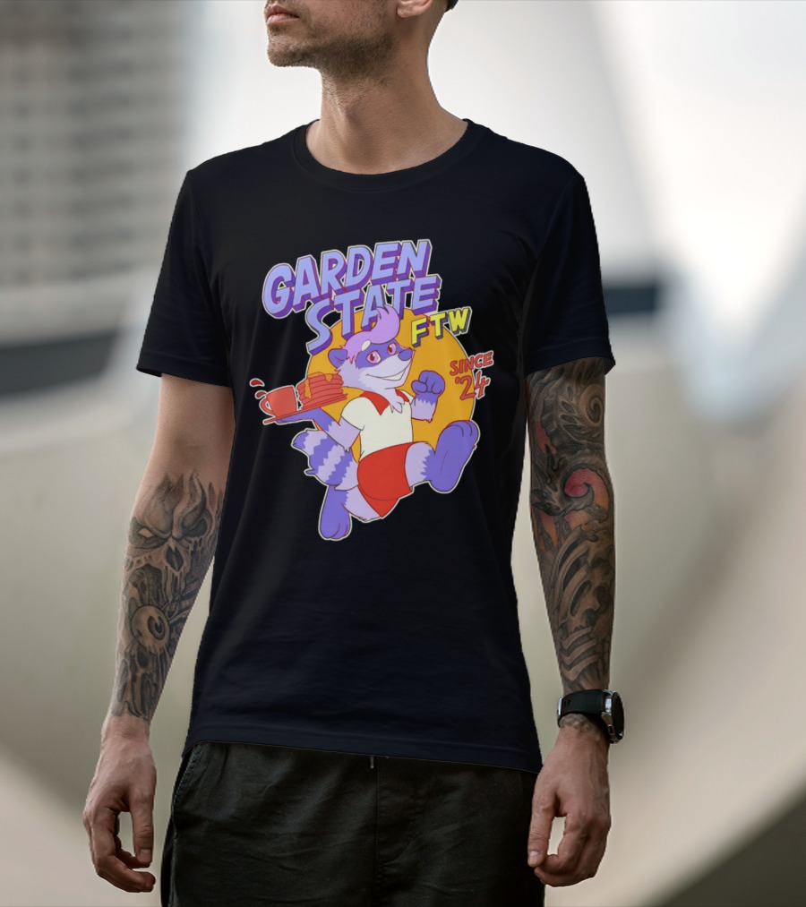 Garden State FTW Since 24 Cartoon Raccoon Serving Pancakes T-Shirt