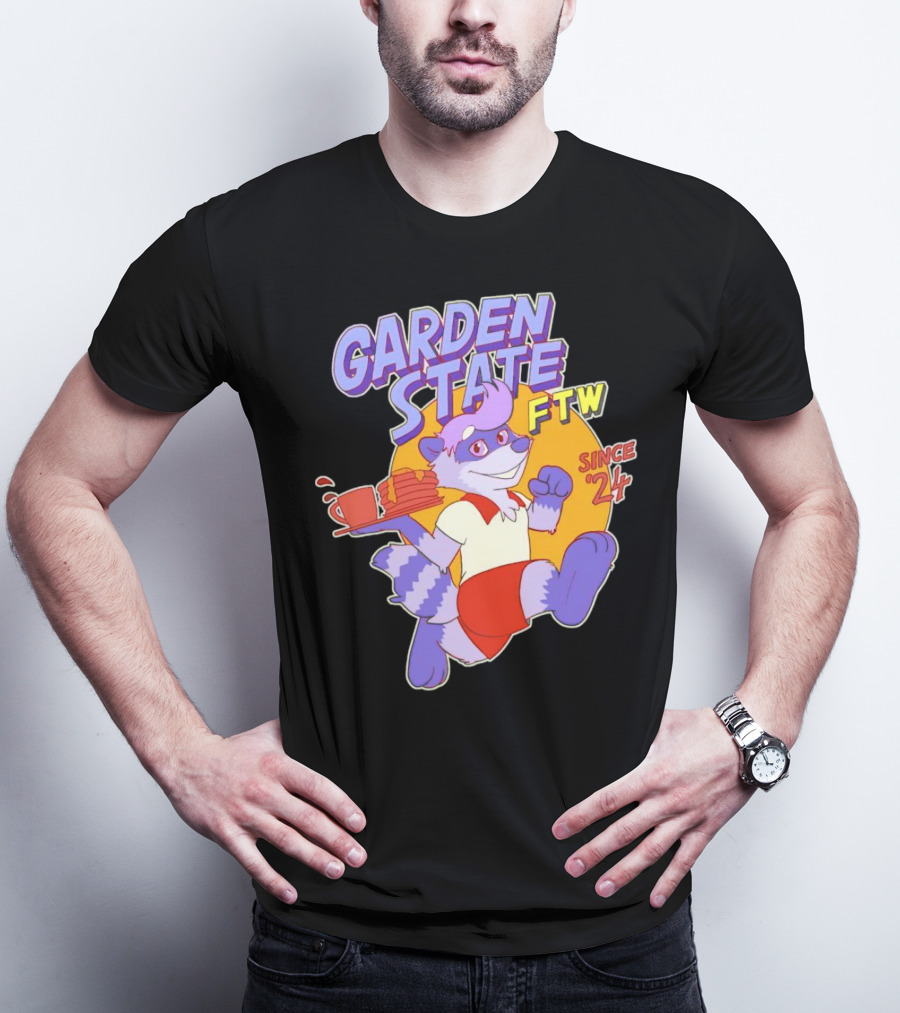 Garden State FTW Since 24 Cartoon Raccoon Serving Pancakes T-Shirt