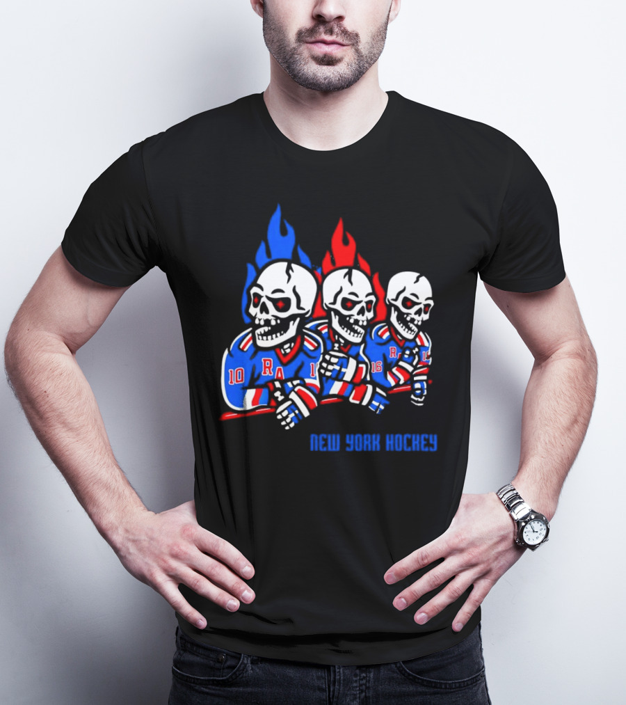 New York Rangers Skeleton Hockey Flames T-Shirt