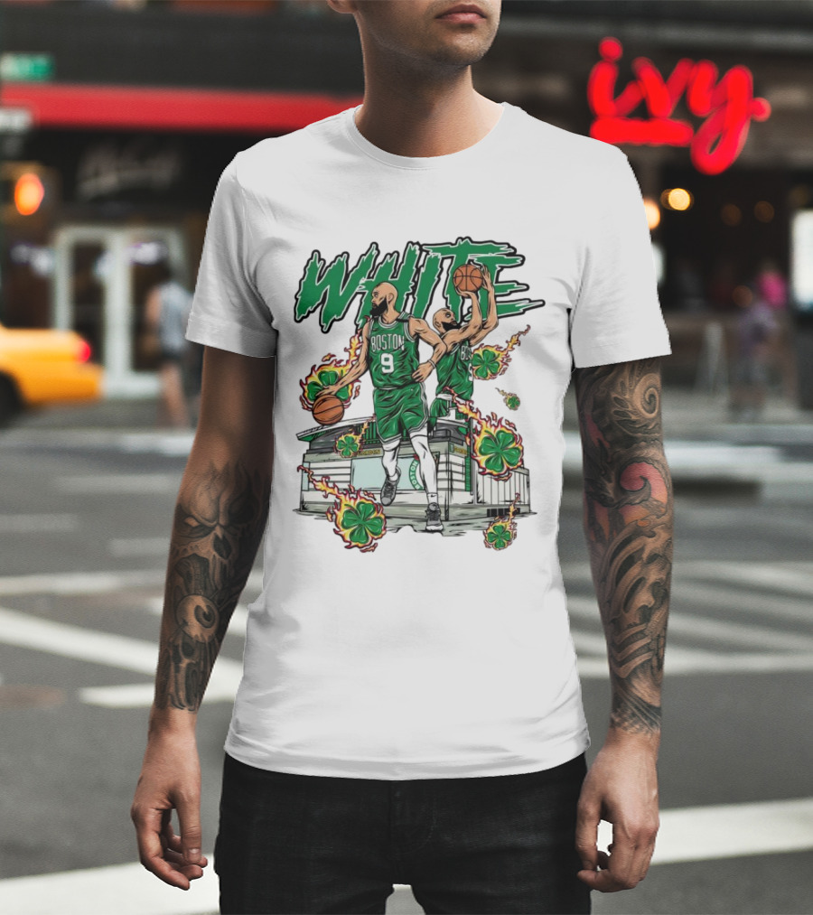 Boston Celtics White 9 Basketball Player With Shamrocks And Basketball Court T-Shirt