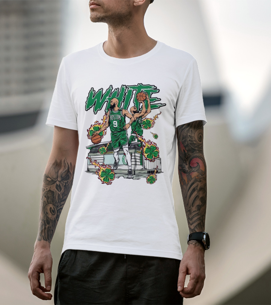 Boston Celtics White 9 Basketball Player With Shamrocks And Basketball Court T-Shirt