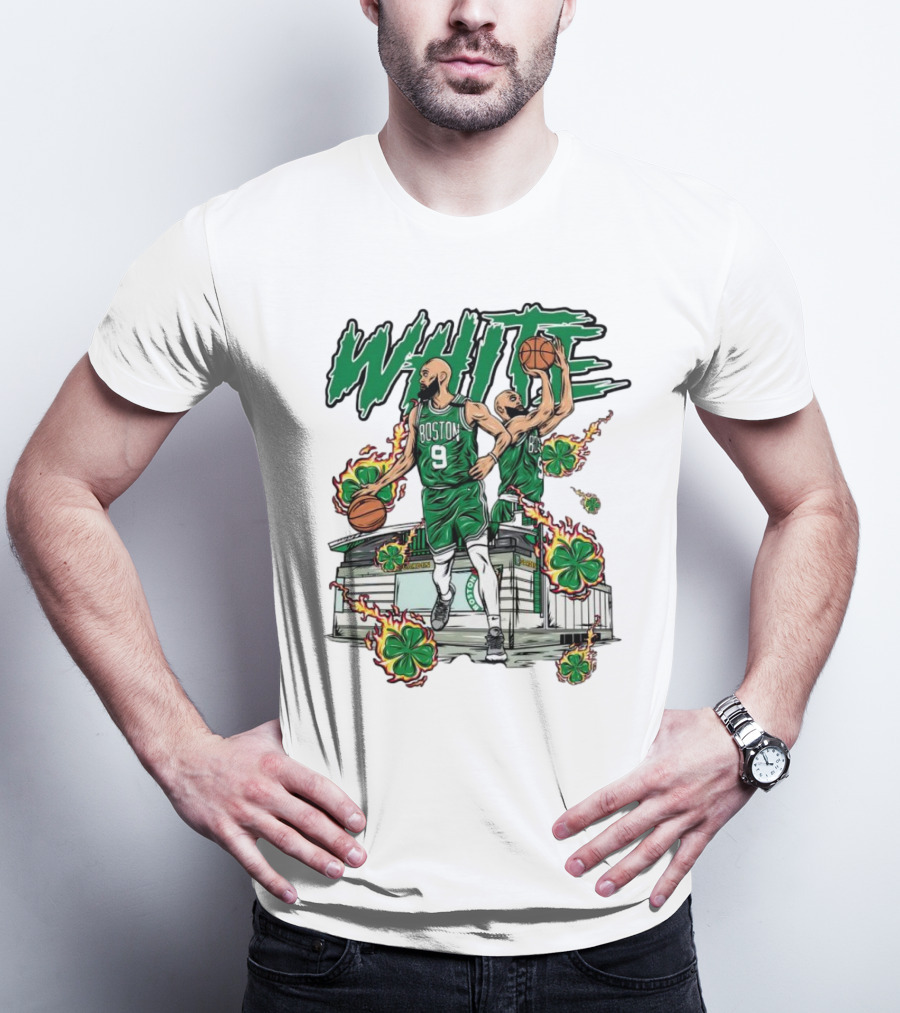 Boston Celtics White 9 Basketball Player With Shamrocks And Basketball Court T-Shirt