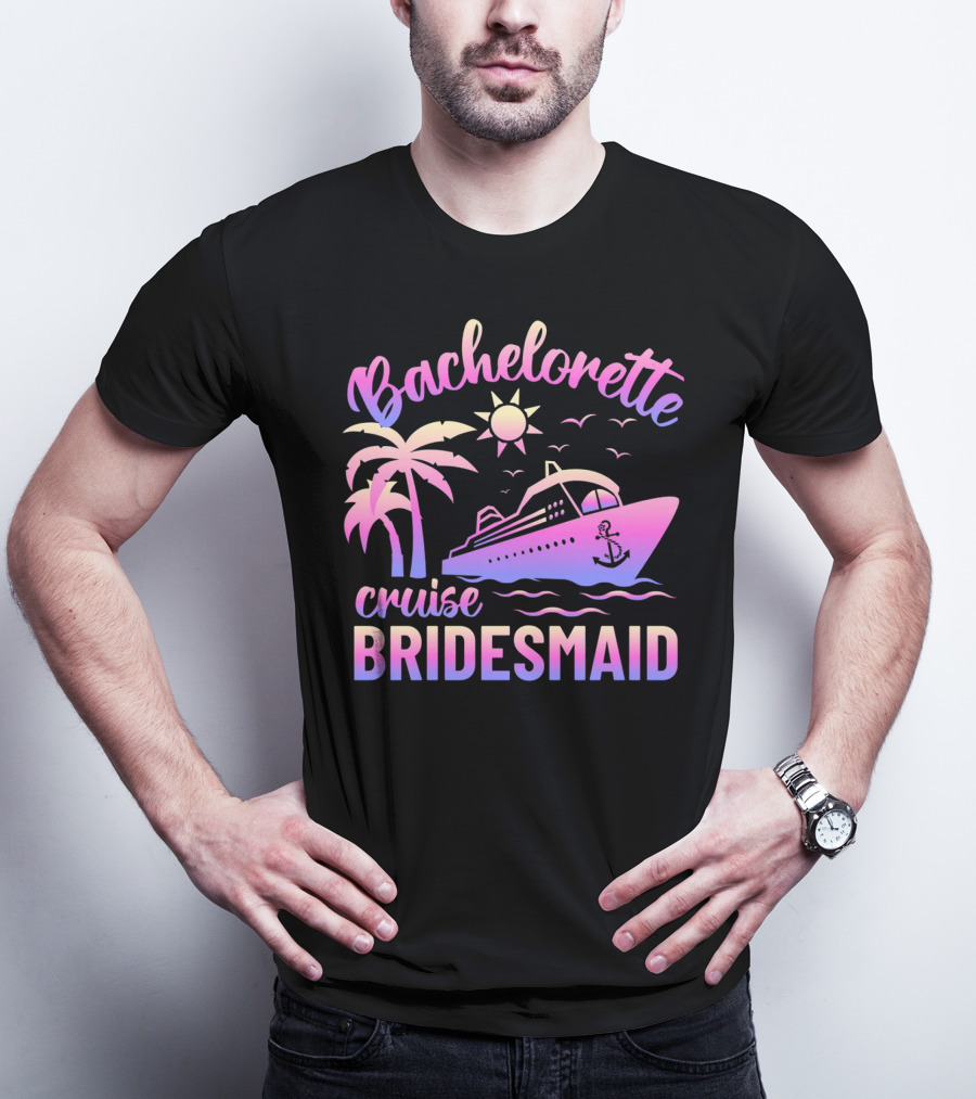 Bachelorette Cruise Bridesmaid Sun Palm Trees Anchor Ocean Waves T-Shirt