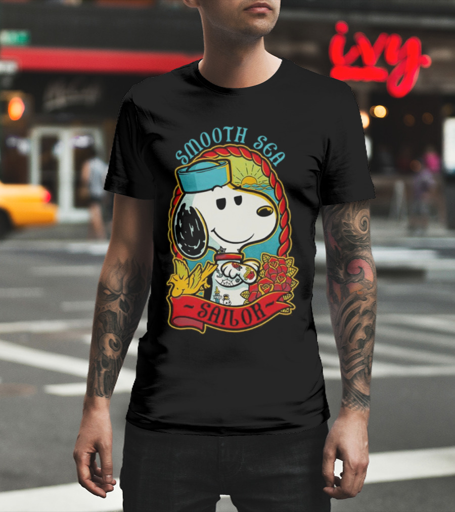 Smooth Sea Sailor Snoopy Woodstock Tattoo Motif T-Shirt
