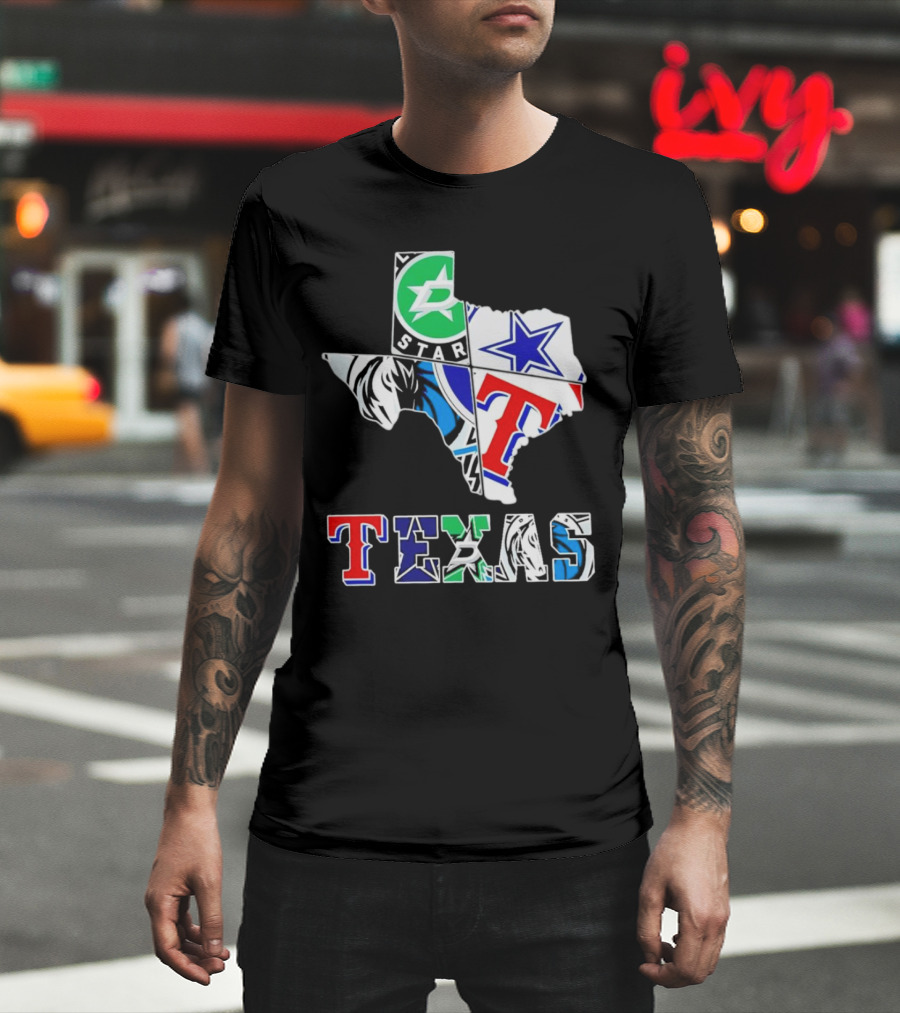 Dallas Hockey Cowboys Rangers Mavericks Texas Map T-Shirt
