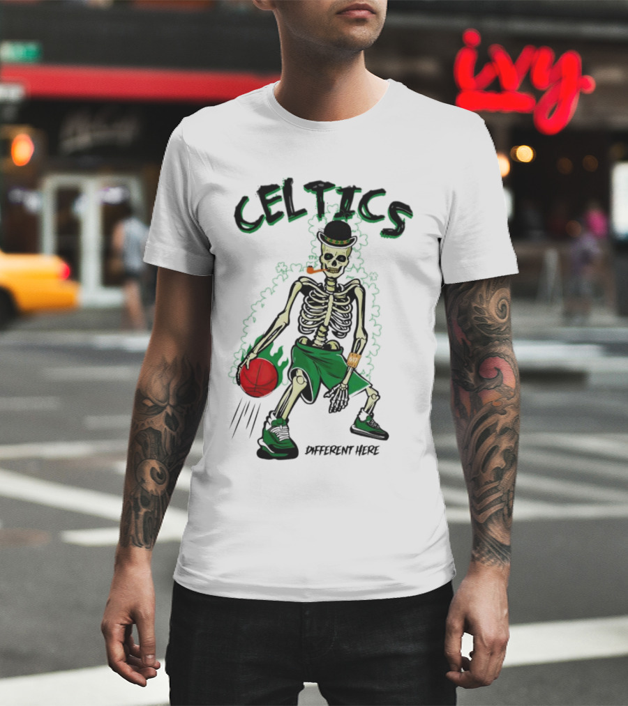 Celtics Skeleton Dribbling Basketball Different Here T-Shirt