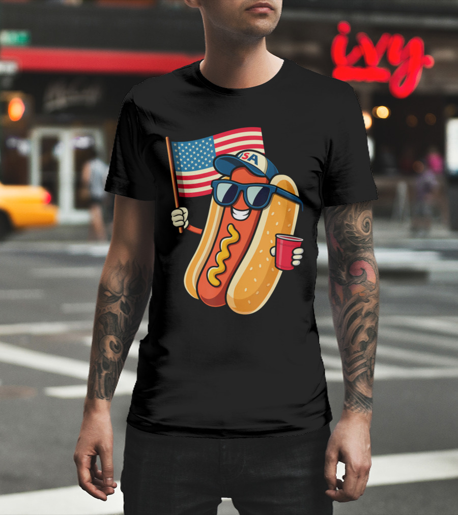 Fourth Of July USA Hotdog With American Flag And Sunglasses T-Shirt