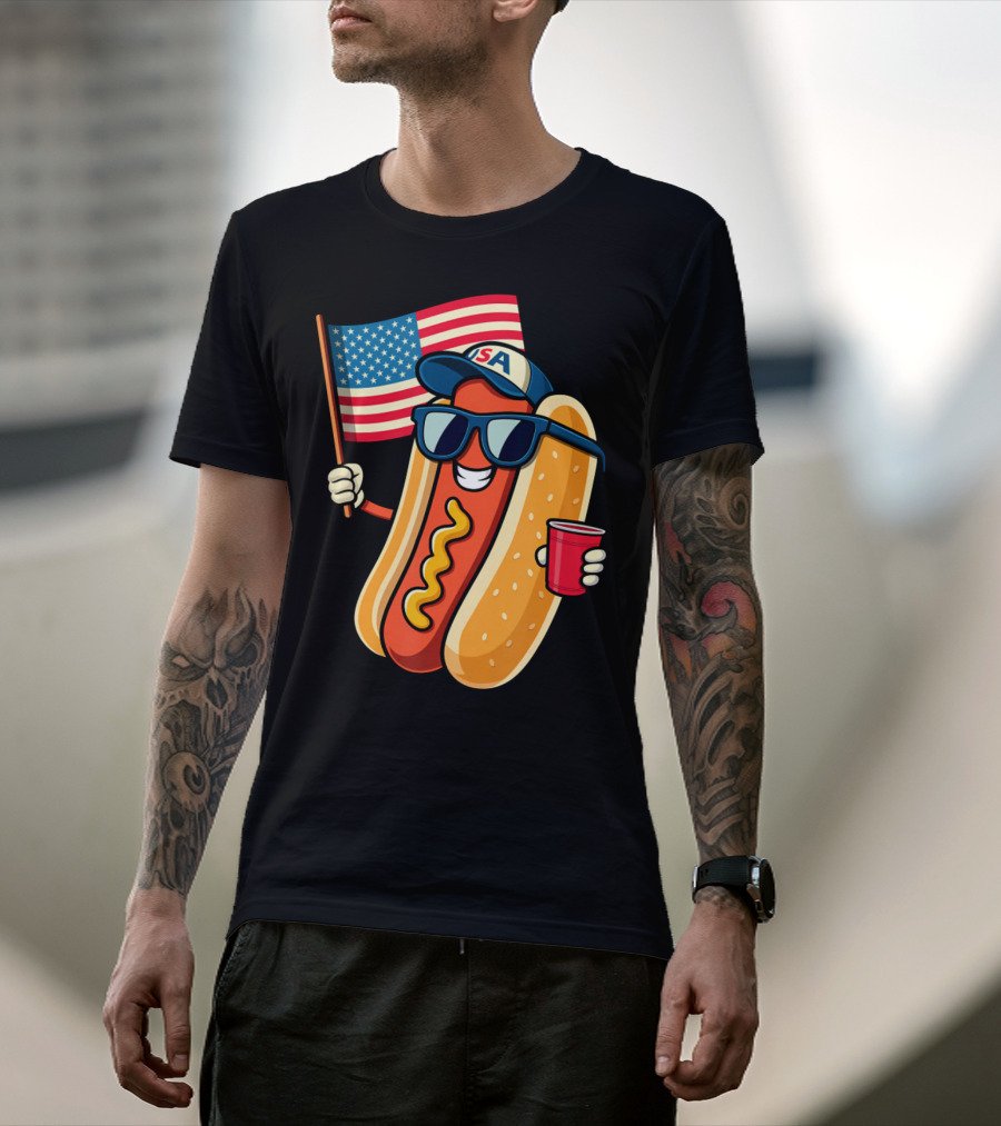 Fourth Of July USA Hotdog With American Flag And Sunglasses T-Shirt