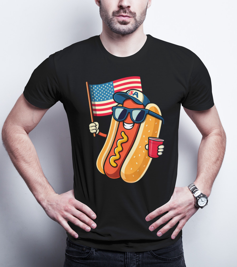 Fourth Of July USA Hotdog With American Flag And Sunglasses T-Shirt