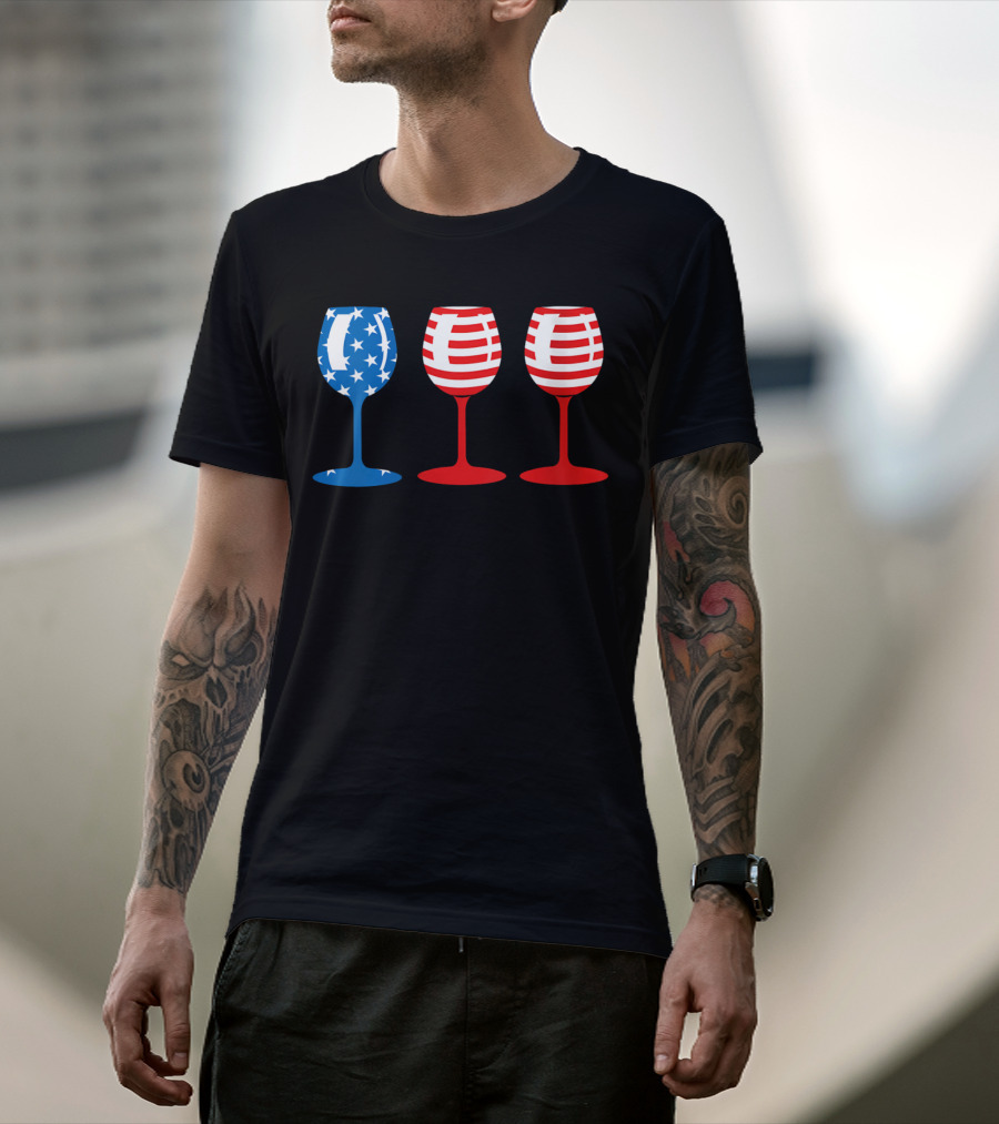 American Flag Fourth Of July Wine Glass Trio Stars And Stripes Patriotic T-Shirt