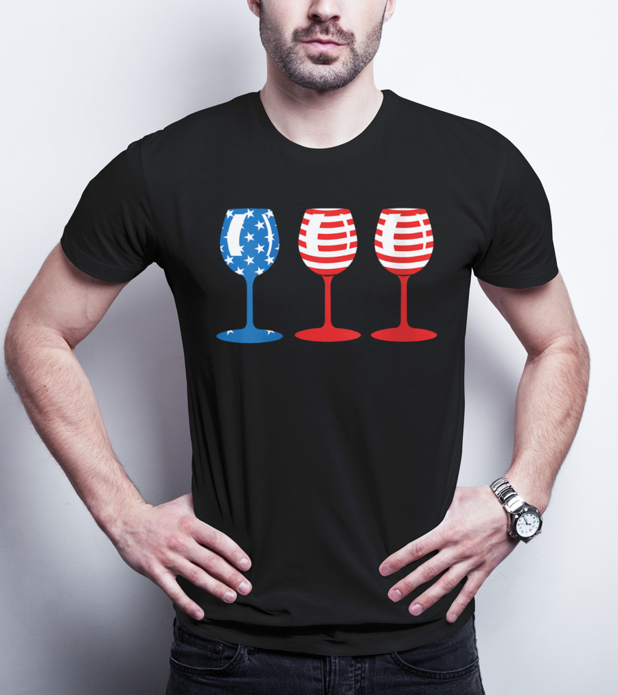 American Flag Fourth Of July Wine Glass Trio Stars And Stripes Patriotic T-Shirt