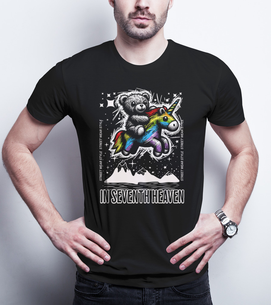 STREET WEAR STYLE Teddy And Rainbow Unicorn Adventure In Seventh Heaven T-Shirt