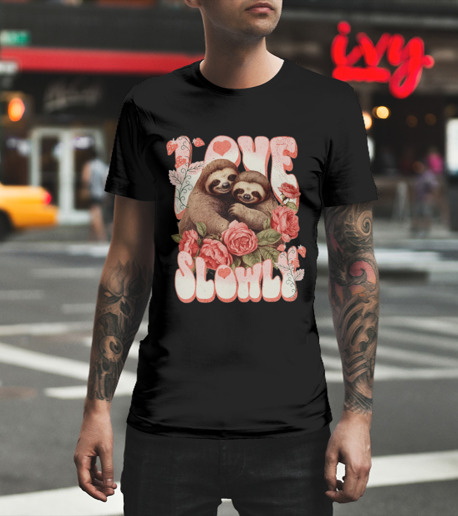 Love Slowly Sloth Couple Romance Valentine Heart Roses T-Shirt