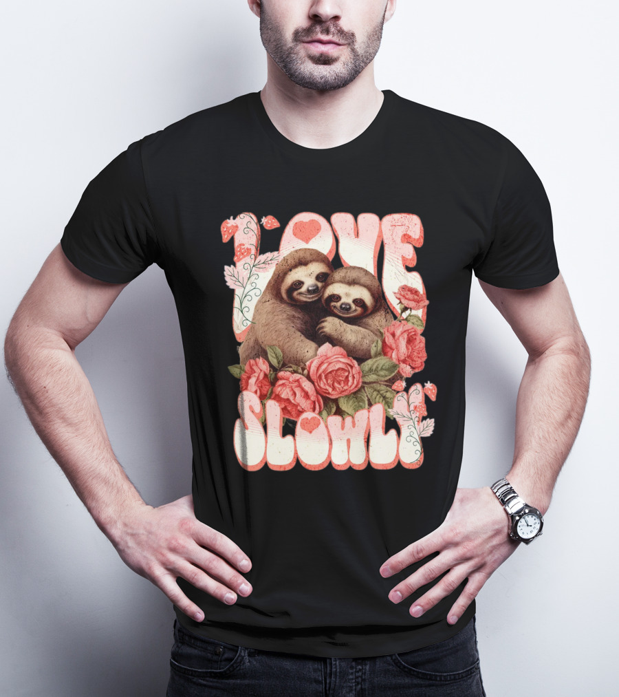 Love Slowly Sloth Couple Romance Valentine Heart Roses T-Shirt