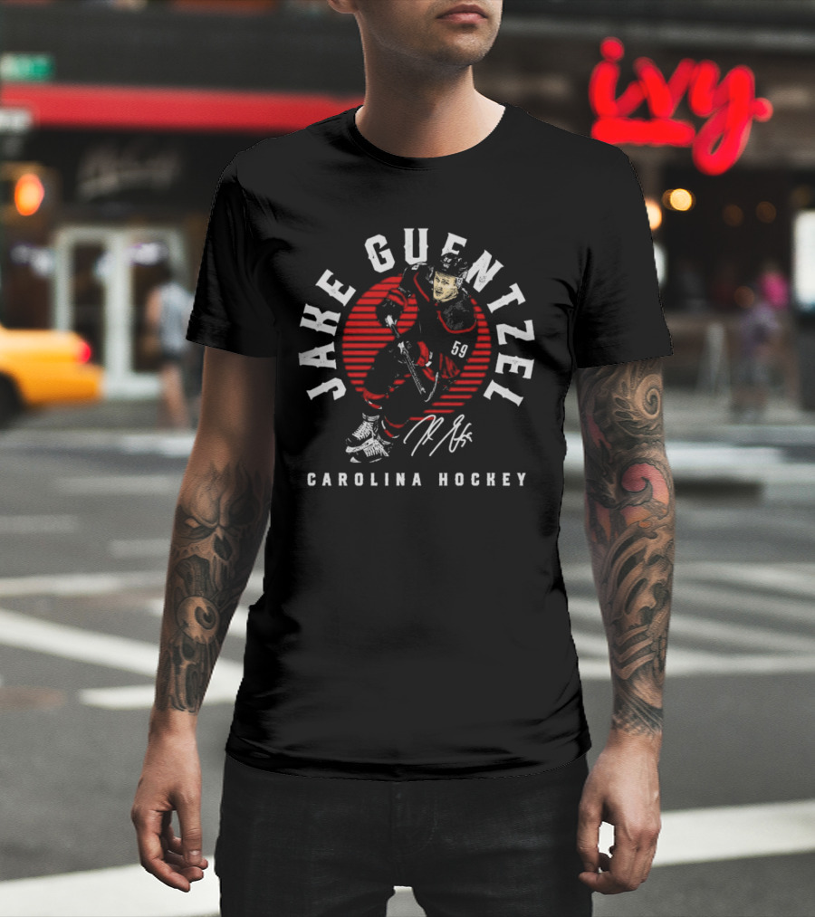 Jake Guentzel Carolina Hockey Number 59 Emblem With Red Circle And Signature T-Shirt