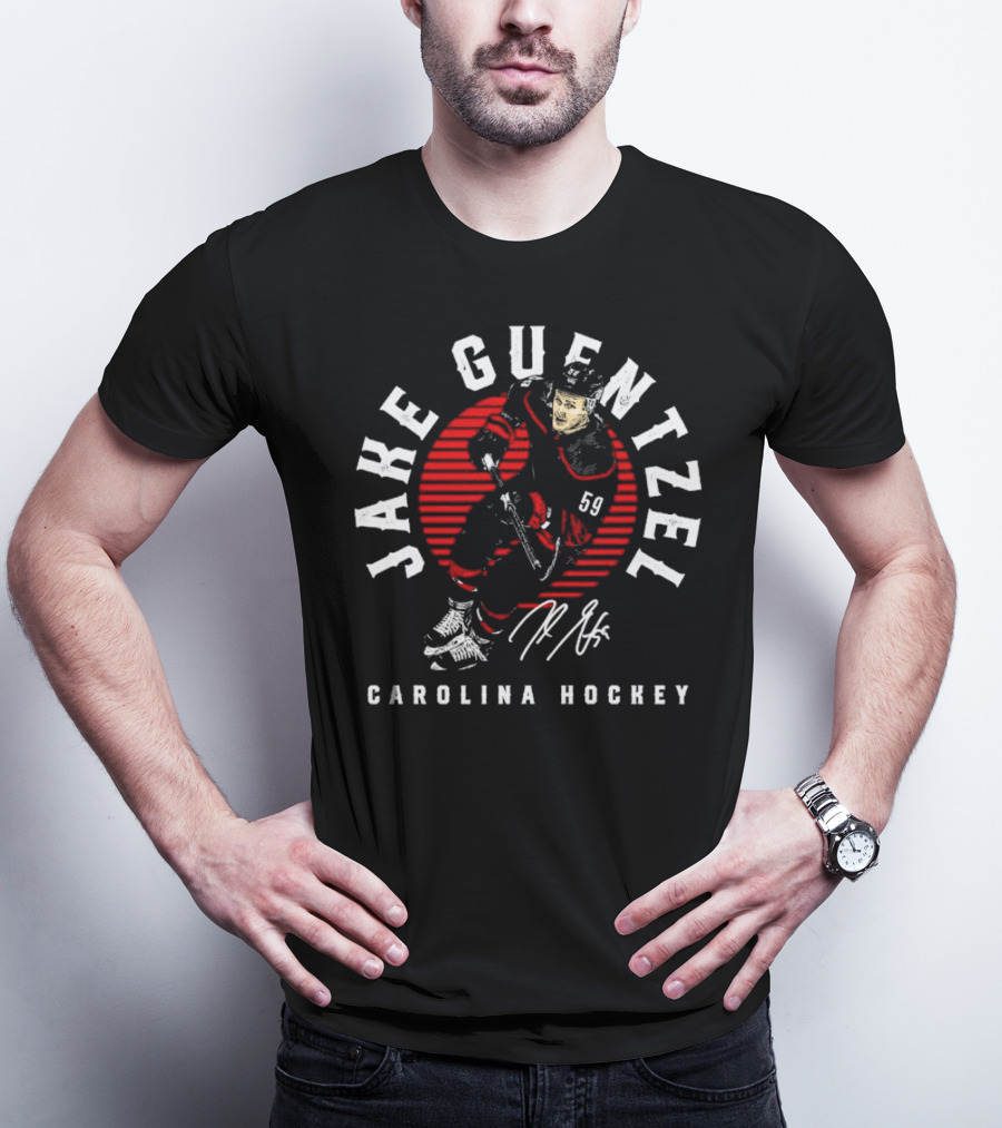 Jake Guentzel Carolina Hockey Number 59 Emblem With Red Circle And Signature T-Shirt