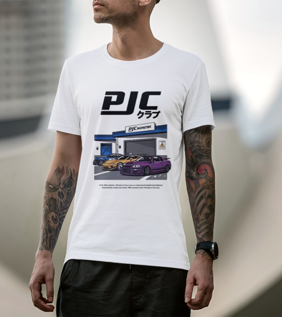 PJC クラブ Perth JDM Central PJC Marketing Garage Cars T-Shirt