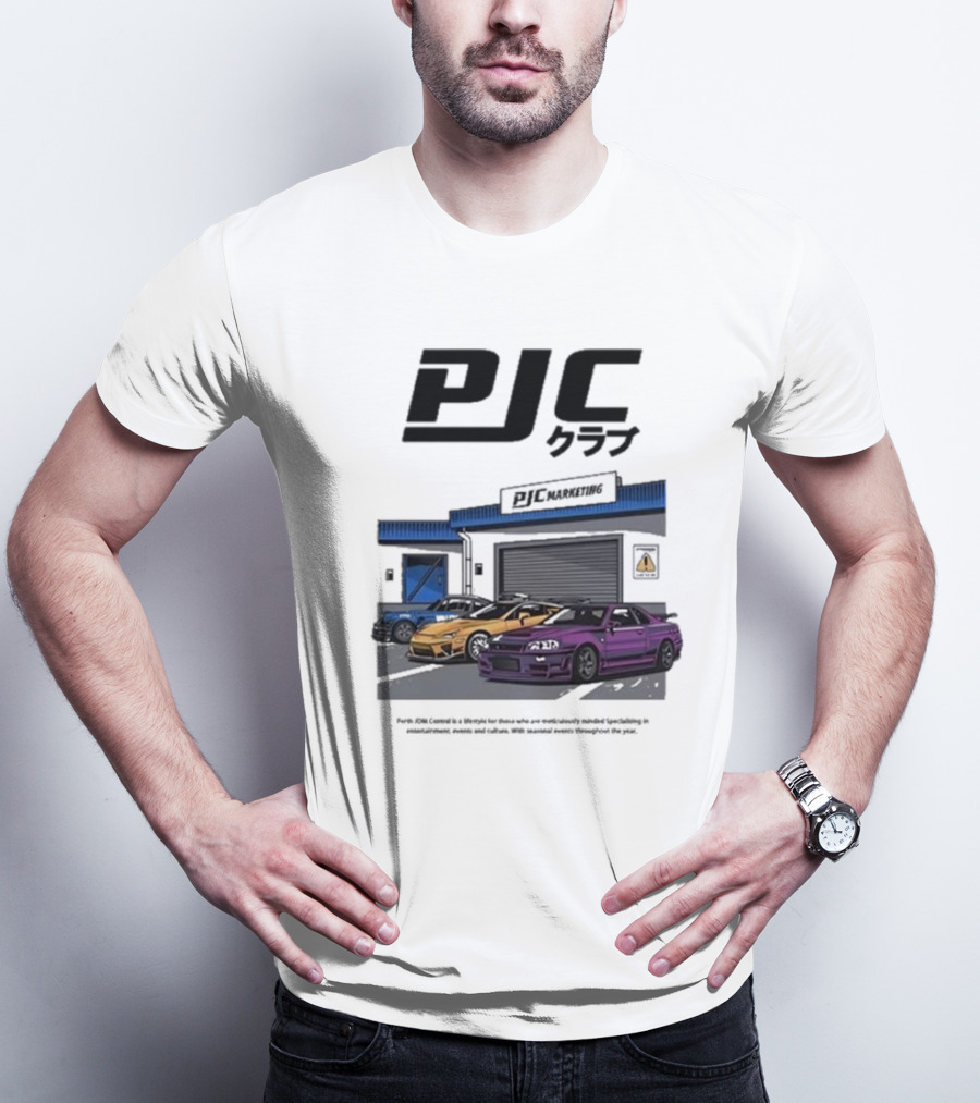 PJC クラブ Perth JDM Central PJC Marketing Garage Cars T-Shirt