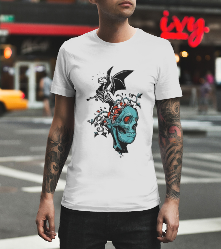 Scott Buoncristiano Skeleton Head With Dragon And Red Accents T-Shirt