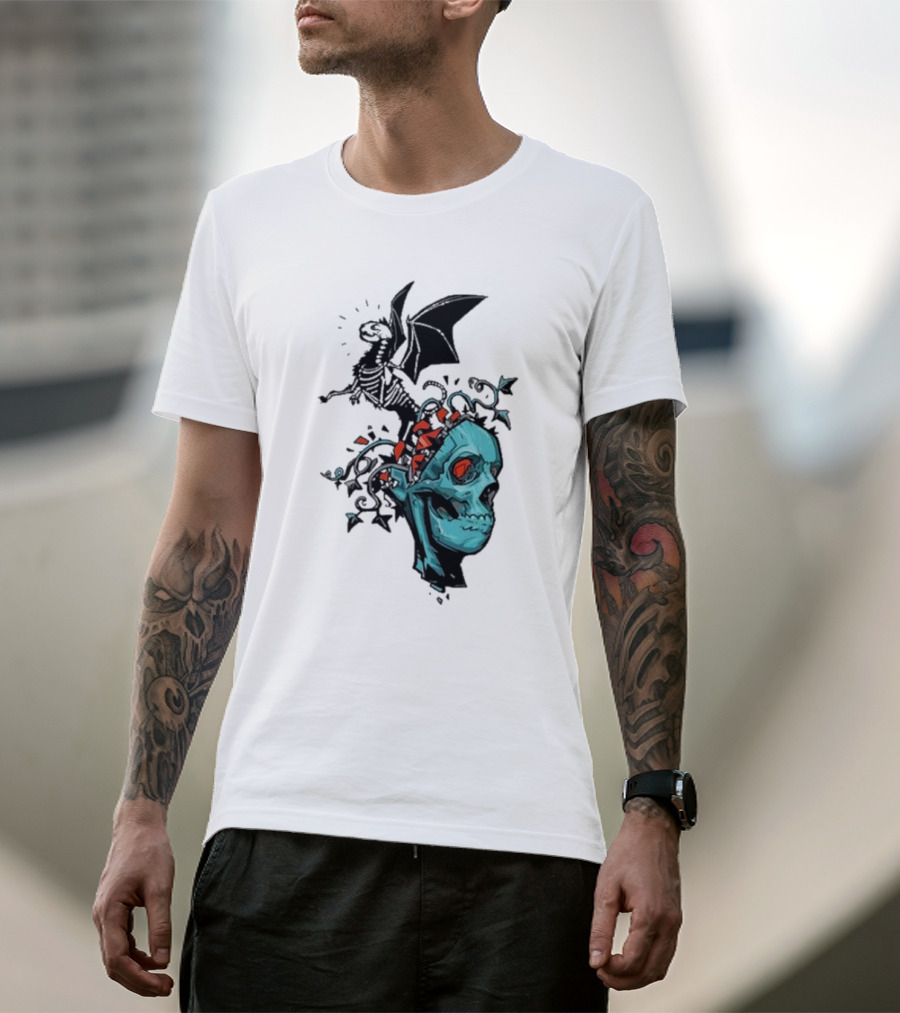 Scott Buoncristiano Skeleton Head With Dragon And Red Accents T-Shirt