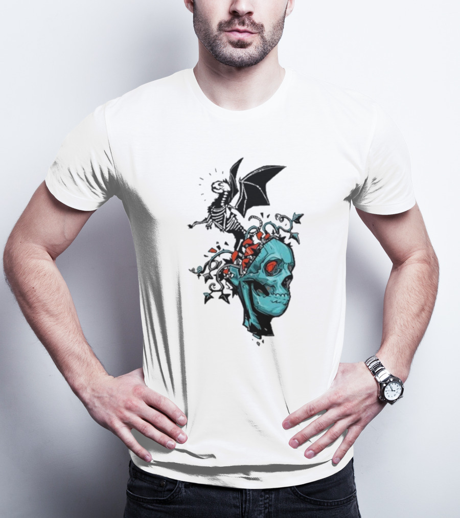 Scott Buoncristiano Skeleton Head With Dragon And Red Accents T-Shirt