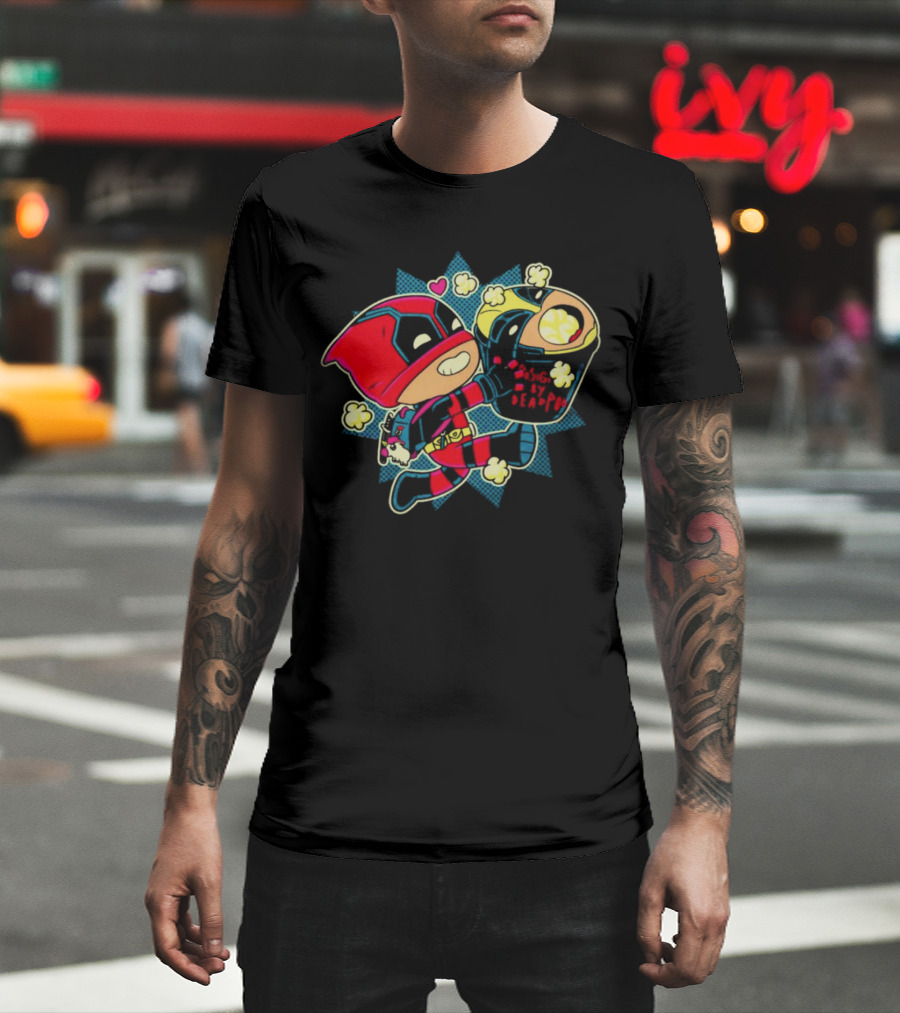 Deadpool Wolverine Pushing By Deadpool Popcorn Buckets Heart T-Shirt