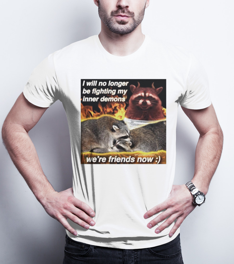 I Will No Longer Be Fighting My Inner Demons Raccoon Fire We're Friends Now T-Shirt