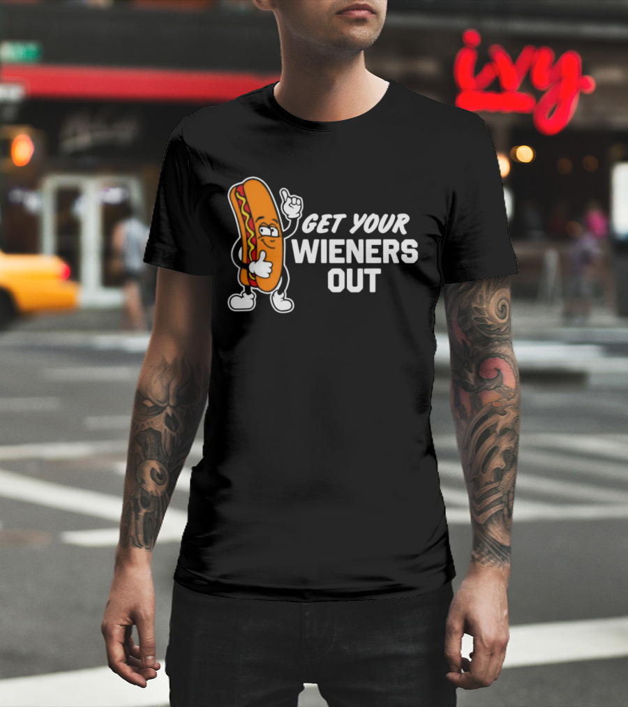 Get Your Wieners Out Animated Hotdog Thumbs Up Comedy T-Shirt