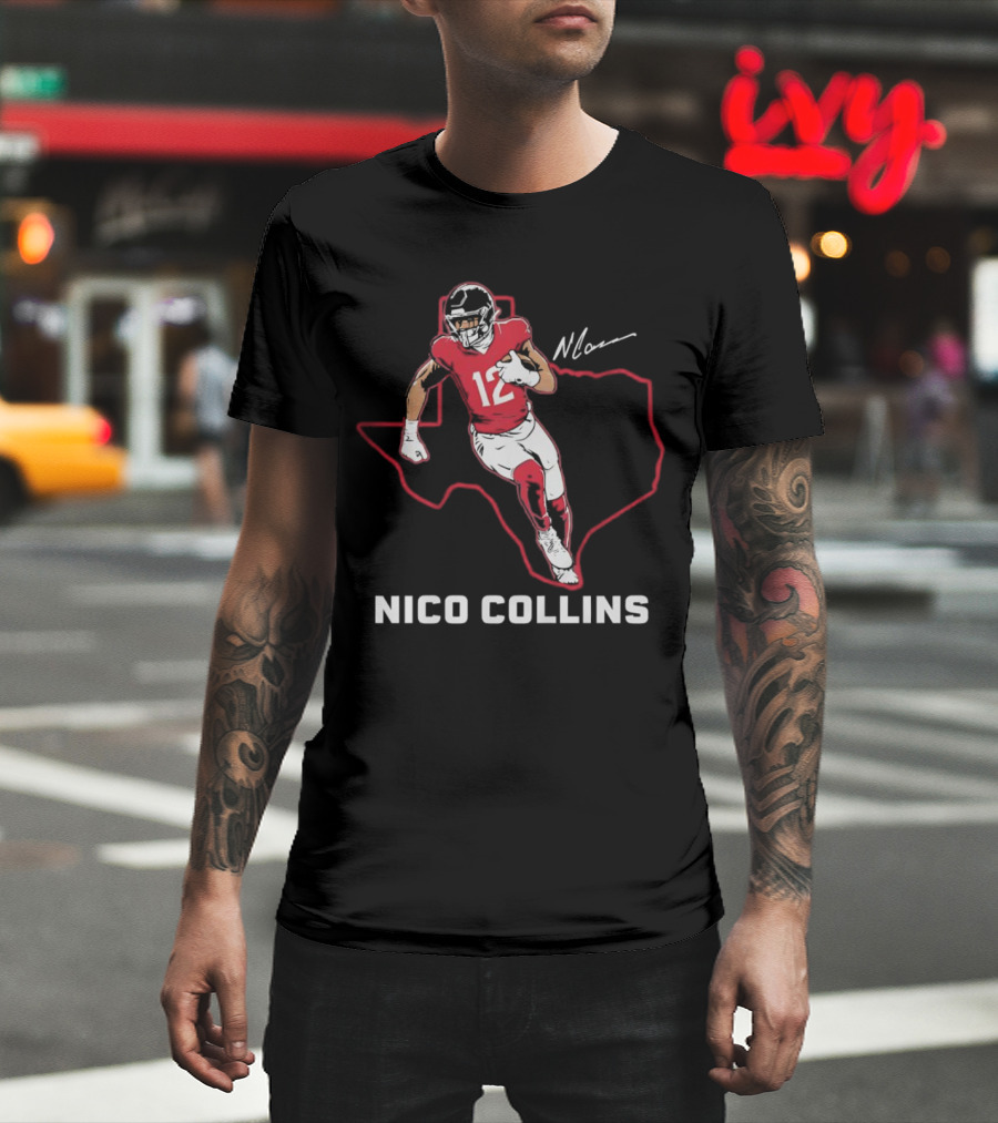 Nico Collins 12 Houston Texans State Outline Signature T-Shirt