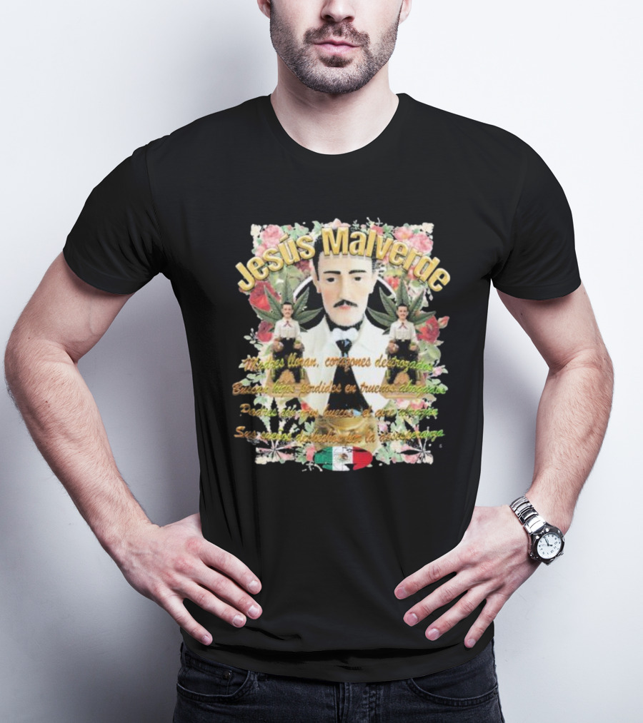 Jesús Malverde Iconic Figure With Flowers And Mexican Flag T-Shirt