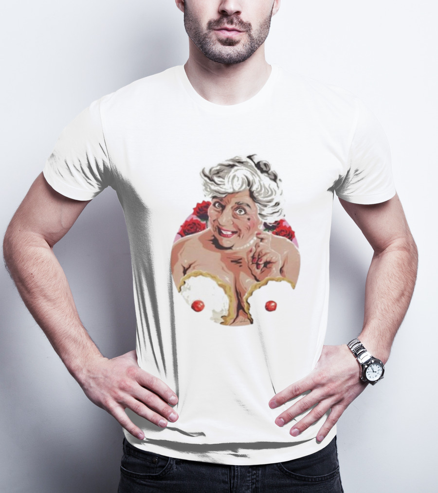 Nordacious Miriam Margolyes Humorous Portrait With Cakes And Roses T-Shirt