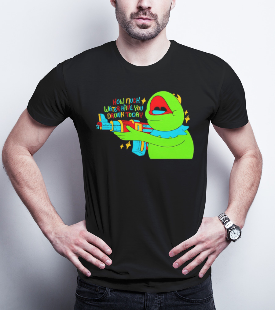 Kermit How Much Water Have You Drunk Today Gun Drawing T-Shirt