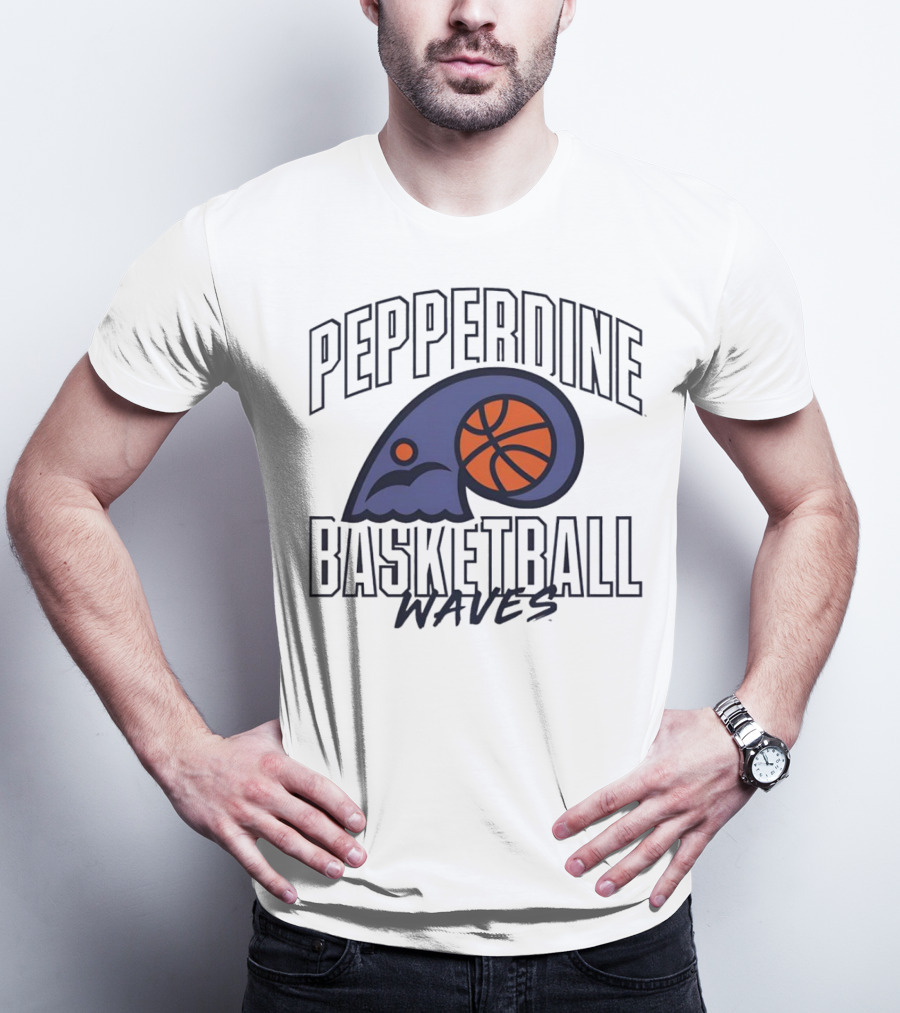 Pepperdine Waves Basketball Logo With Orange Basketball And Wave T-Shirt