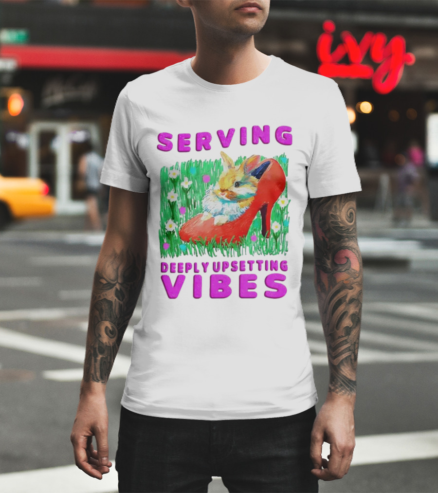 Serving Deeply Upsetting Vibes Bunny In Red High Heel With Flowers T-Shirt