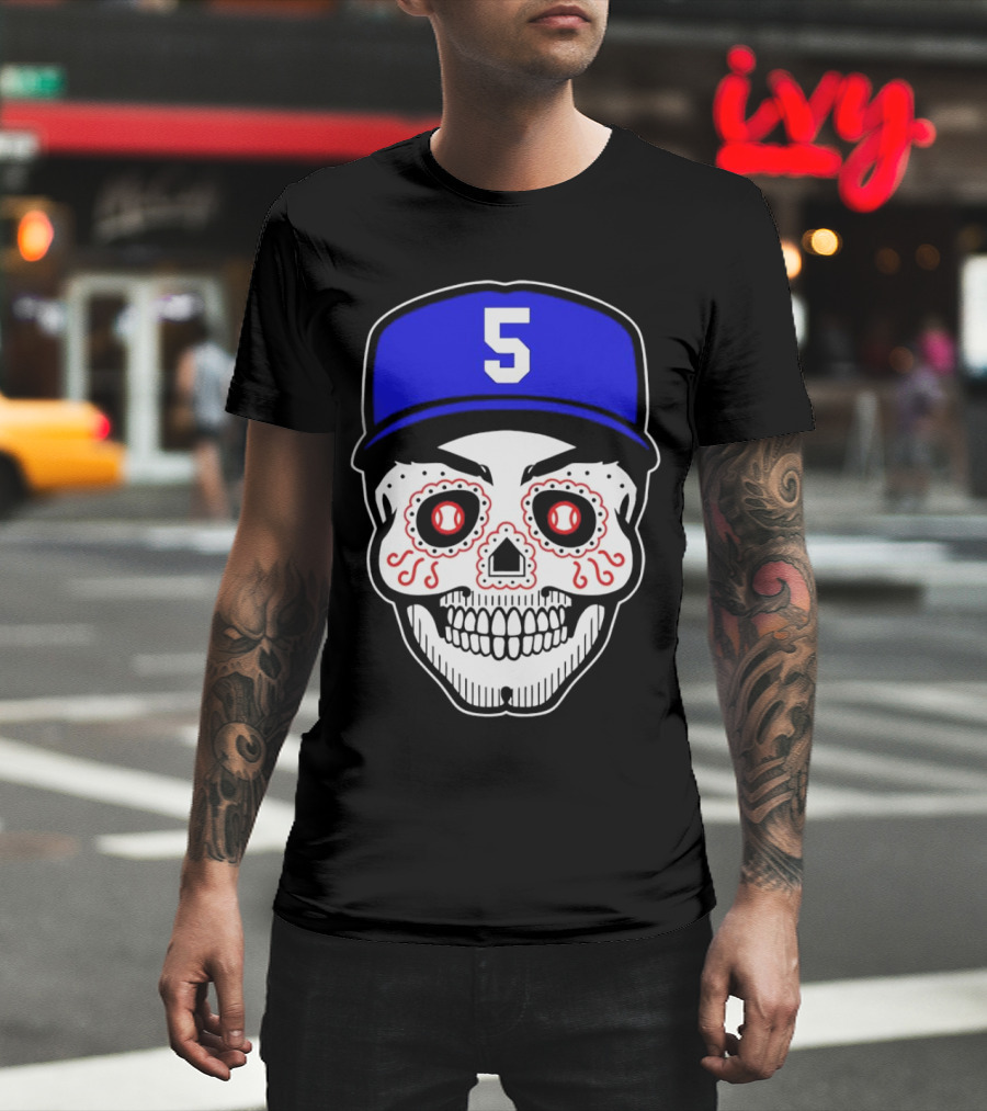 Freddie Freeman Sugar Skull Design Los Angeles Dodgers Number 5 Baseball Cap T-Shirt