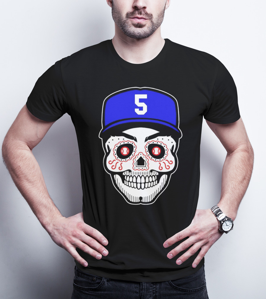 Freddie Freeman Sugar Skull Design Los Angeles Dodgers Number 5 Baseball Cap T-Shirt