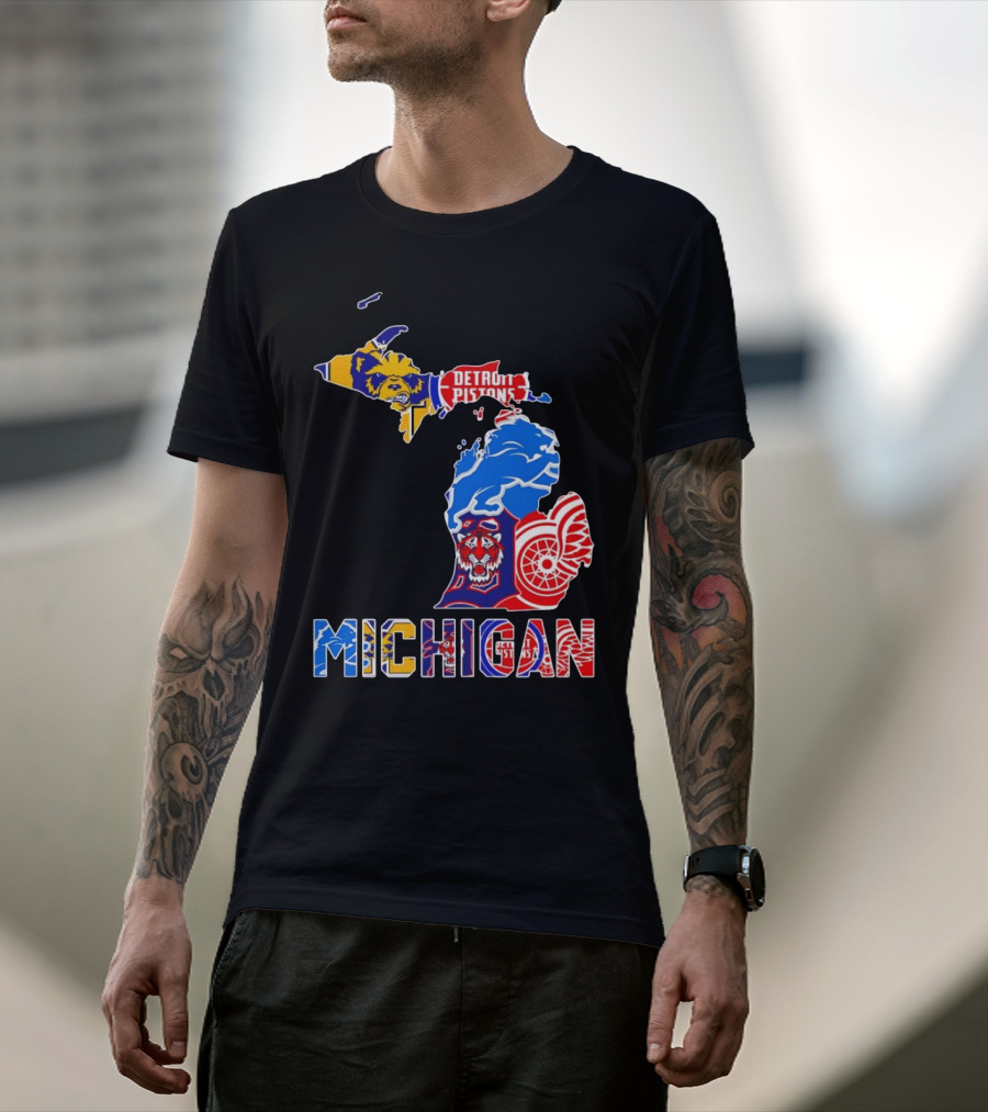 Michigan Sports Teams Logos Map Detroit Pistons Lions Tigers Red Wings T-Shirt