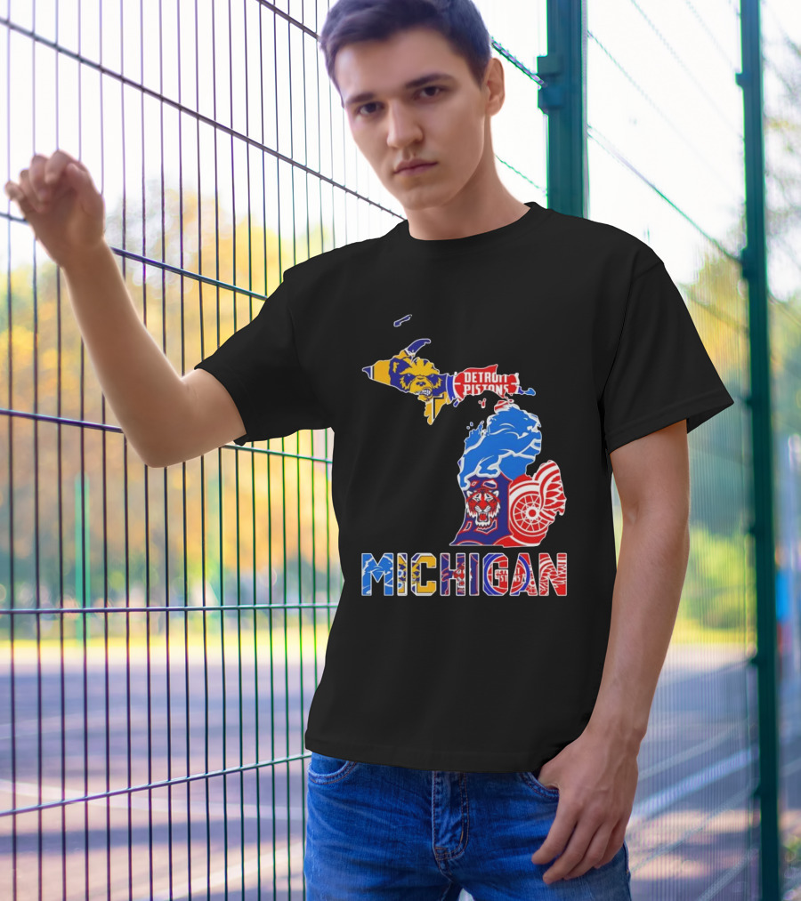 Michigan Sports Teams Logos Map Detroit Pistons Lions Tigers Red Wings T-Shirt