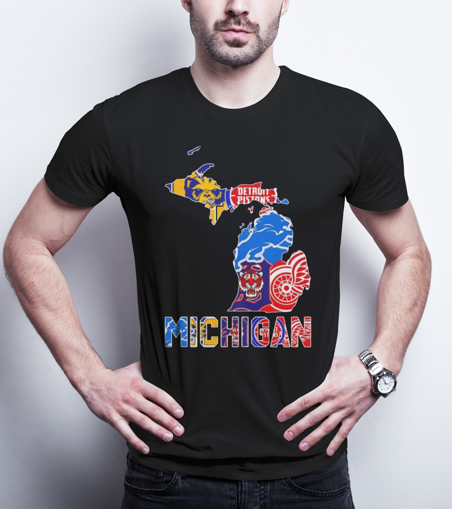 Michigan Sports Teams Logos Map Detroit Pistons Lions Tigers Red Wings T-Shirt
