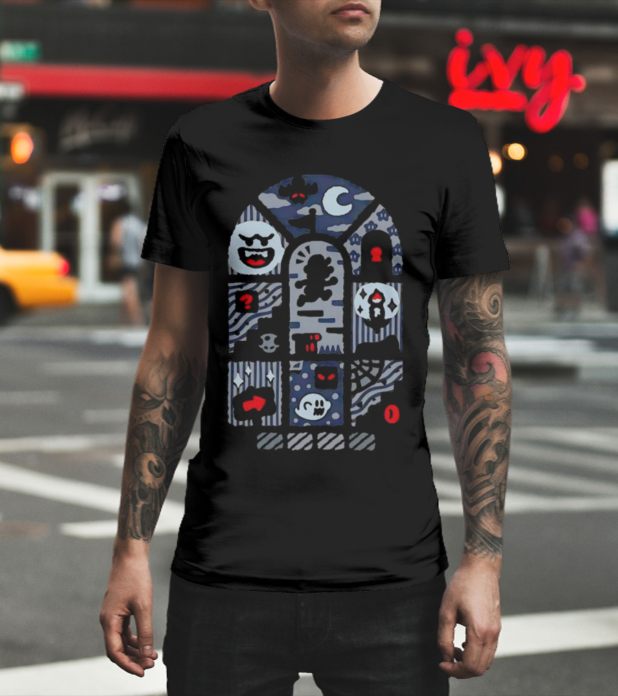 Super Mario World Ghost House Scene Elements Featuring Boo, Skull, And Keyhole T-Shirt