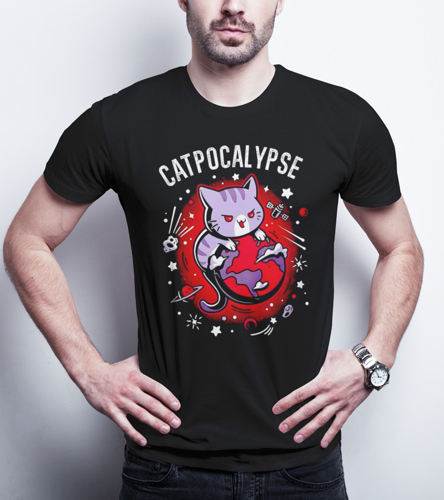 Catpocalypse Cat Battling Earth Amidst Cosmic Chaos T-Shirt