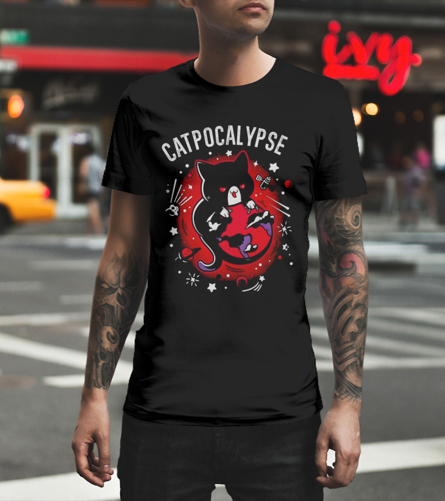Catpocalypse Red Cat Holding Earth Surrounded By Space Elements T-Shirt