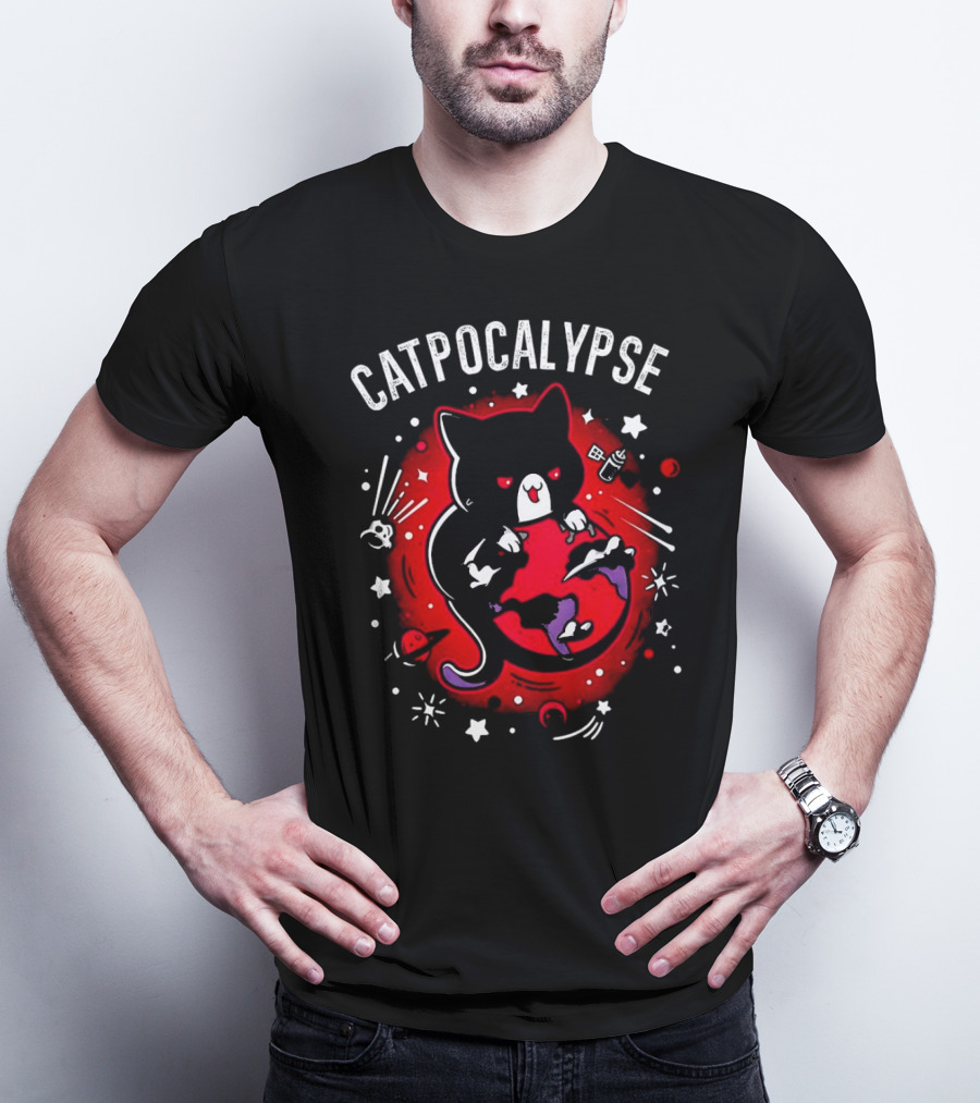 Catpocalypse Red Cat Holding Earth Surrounded By Space Elements T-Shirt