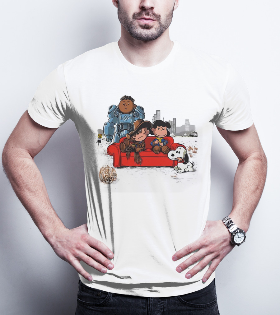 Peanuts Characters On Red Couch With Fallout Power Armor In Apocalypse Scene T-Shirt