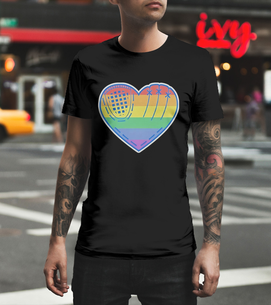 Pride Rainbow Striped Baseball Glove Heart T-Shirt