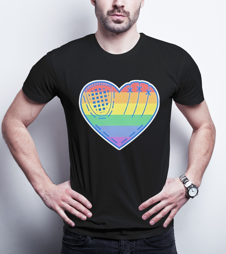 Pride Rainbow Striped Baseball Glove Heart T-Shirt