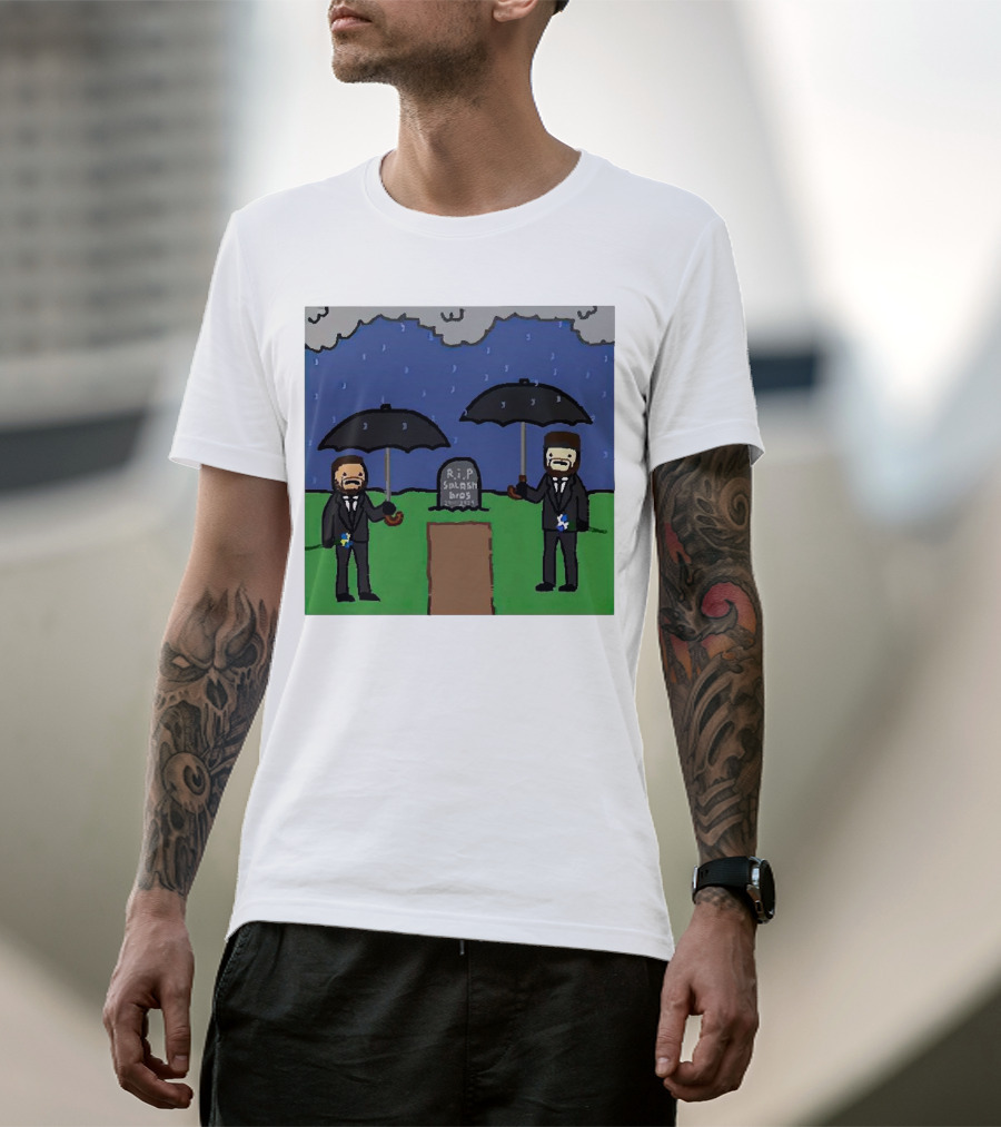RIP SplashBros Cartoon Memorial With Suited Figures Holding Black Umbrellas T-Shirt