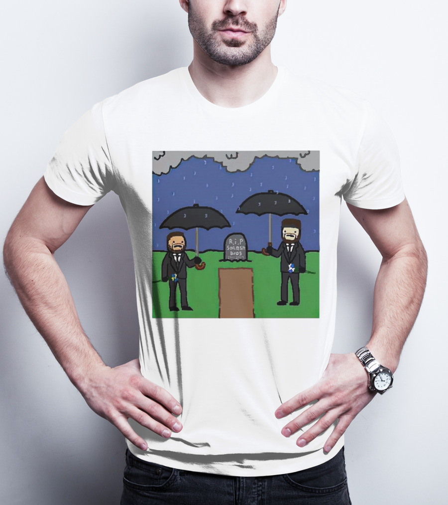RIP SplashBros Cartoon Memorial With Suited Figures Holding Black Umbrellas T-Shirt