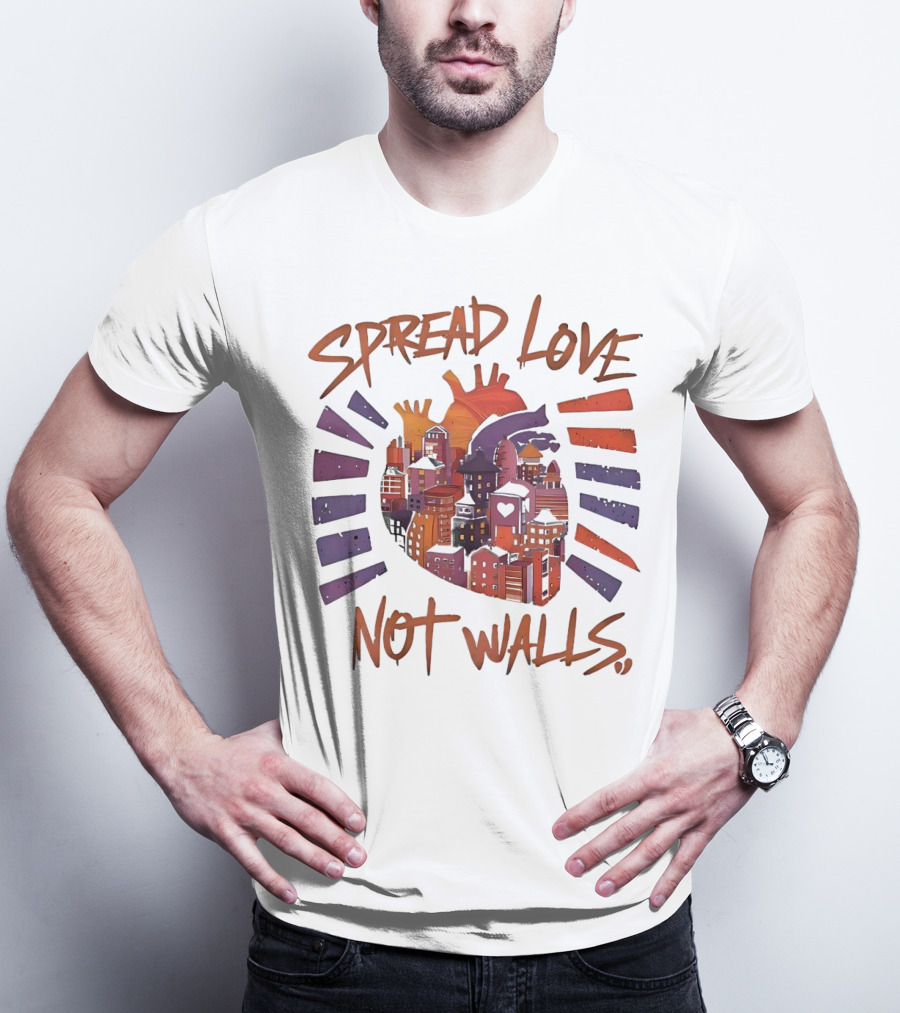 Spread Love Not Walls Cityscape Heart Crown Sunset T-Shirt